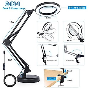 2in1 Magnifying Glass with Light and Stand, 8X Real Glass Desk Magnifier with Light, 3 Color Modes Stepless Dimmable, Desk Lamp & Clamp Lighted Magnifier for Hobby Reading Crafts Repair Close Works