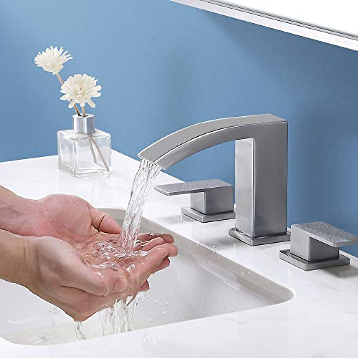 Friho Modern Widespread 3 Hole Waterfall Brushed Nickel Bathroom Faucet, Extra Large Rectangular Spout 8 inch Bathroom Vanity Sink Faucet with Pop Up Drain and Supply Lines