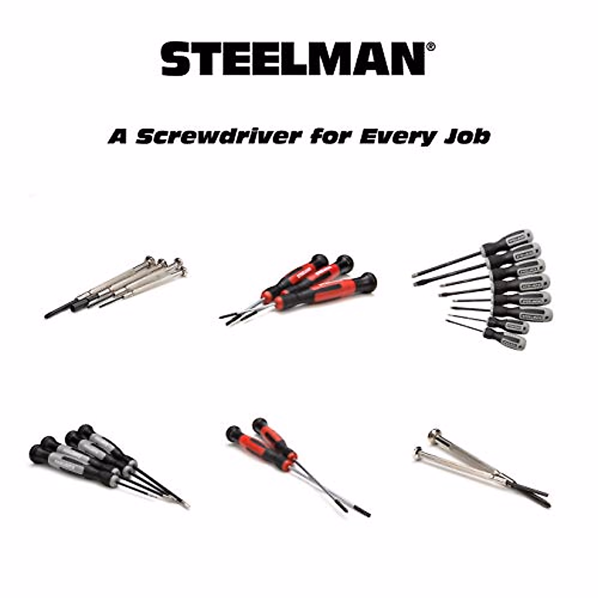 STEELMAN Precision Steel Shaft 6-Piece Electronics Screwdriver Set, Variety of Slotted/Phillips Sizes, Swivel-Head, Storage Case Included
