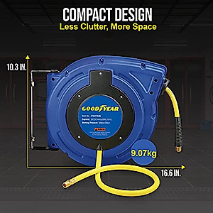 Goodyear Air Hose Reel Retractable 3/8" Inch x 65' Feet Premium Commercial Flex Hybrid Polymer Hose Max 300 Psi Heavy Duty Spring Driven Polypropylene Construction w/Lead-in Hose and PVC Handle