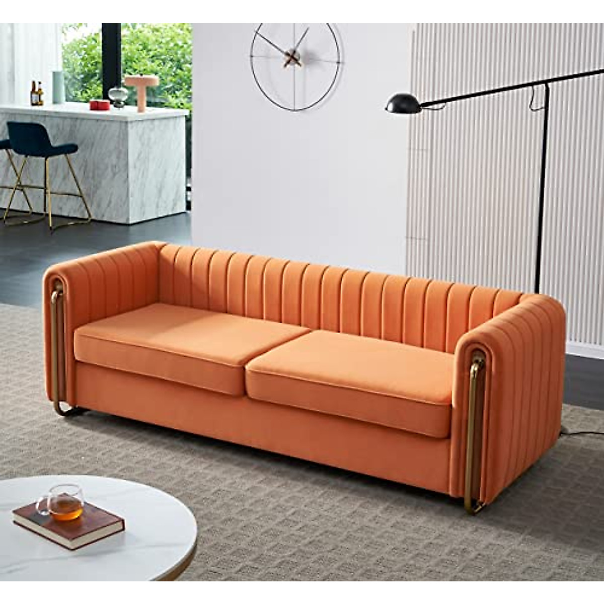 Melpomene Vertical Channel Tufted Velvet Sofa with Round Arm and Gold Metal Legs,Armrest 84.25" W（Orange）