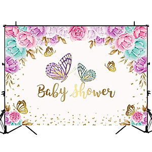 Avezano 7x5ft Butterfly Baby Shower Backdrop Spring Floral Butterfly Baby Shower Gold Dots Background Vinyl Flowers Golden Butterfly Baby Shower Backdrops Decorations