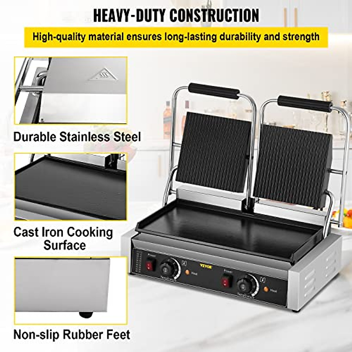 Happybuy Commercial Sandwich Panini Press Grill,110V 2x1800W Double Up Grooved and Down Flat Plates Electric Stainless Steel Sandwich Maker,Temperature Control 122°F-572°F for Hamburgers Steaks Bacons