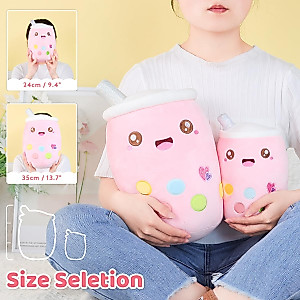 AIXINI Light up Boba Stuffed Plush Bubble Tea Pillow with LED Colorful Pearls Night Lights Glowing Super Soft-Pink,13.7''