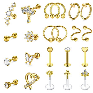 Anicina 16G Cartilage Earring Cubic Zirconia Tragus Helix Piercing Jewelry Surgical Steel Cartilage Hoop Earring Plastic Lip Ring Medusa Septum Couch Hoop Piercing Jewelry Set Gold