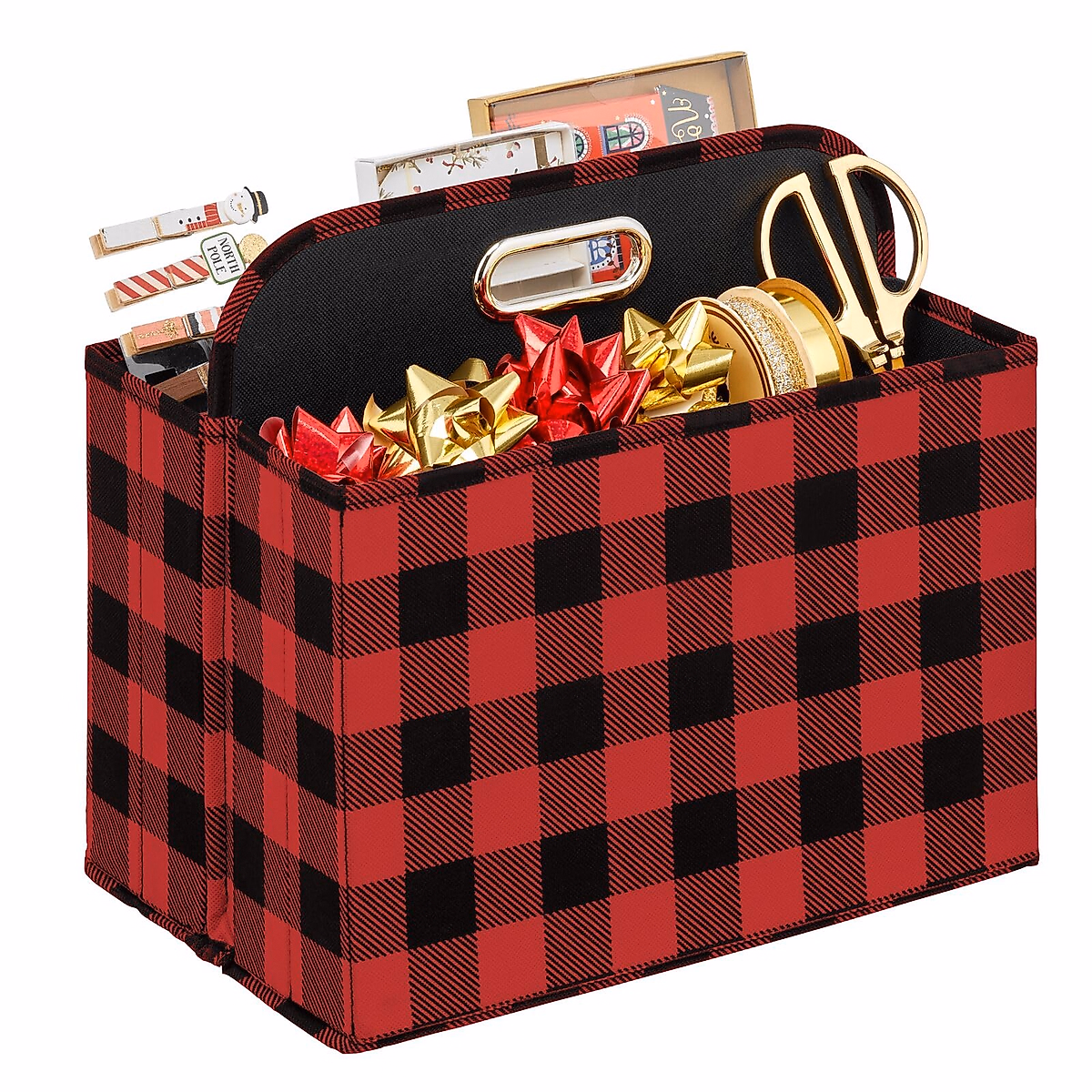 mDesign Holiday Storage Box for Gift Wrapping and Bows with Compartments and Handle - Christmas Organizer Tote for Ribbons - Divided Container for Crafts and Stationary - Buffalo Plaid, Red/Black
