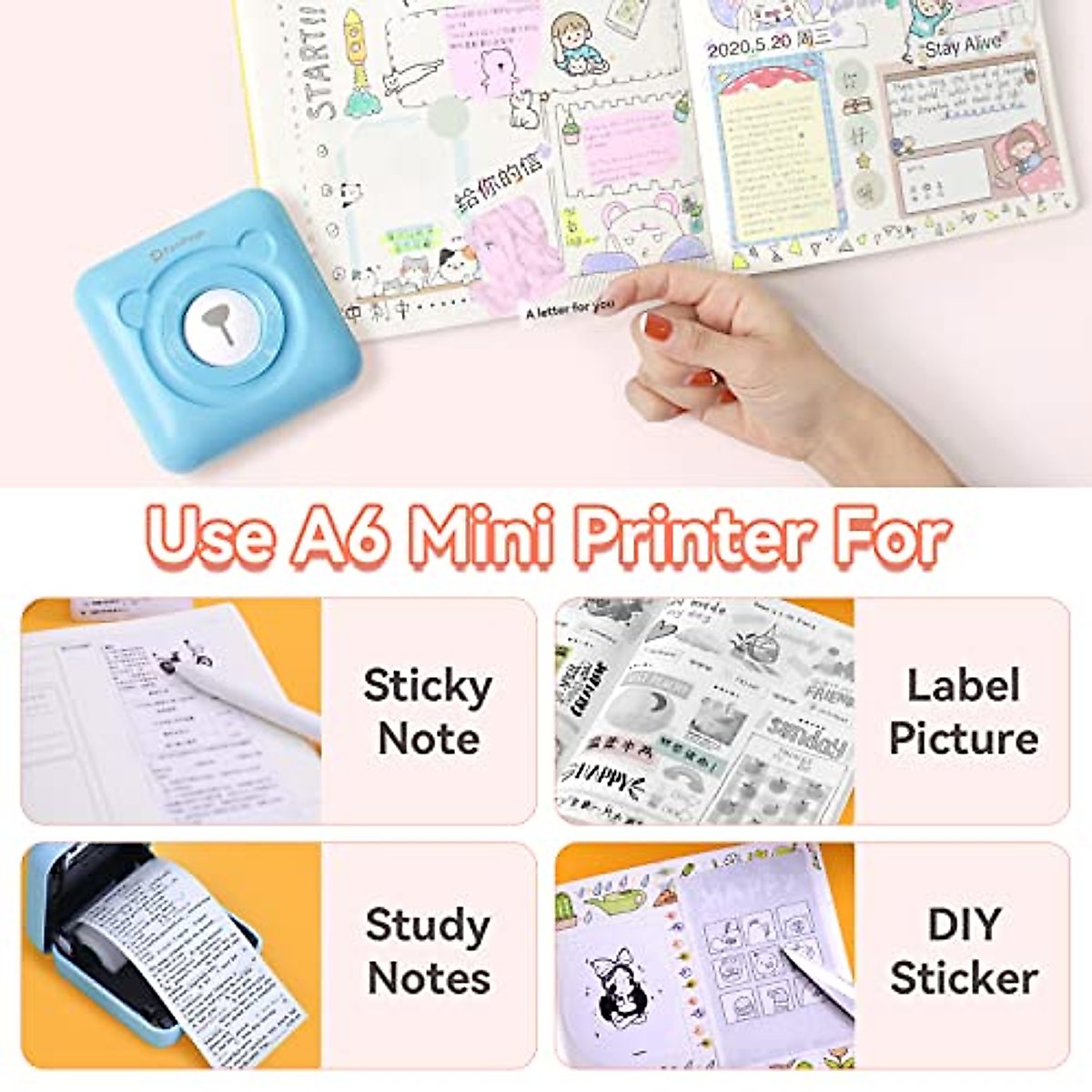 PeriPage A6 Mini Printer, Maximum Printing Width 2", Wireless Bluetooth Portable Thermal Printer, 203 DPI Clear Resolution, Connected Through Mobile APP, Can Print Labels, Stickers, Photos (Gift Box)
