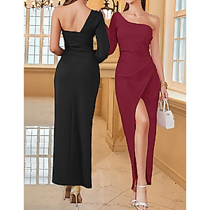 ZESICA Women's One Shoulder Long Sleeve Cocktail Dress Sexy High Slit Ruched Bodycon Wedding Guest Maxi Dresses,Black,X-Small