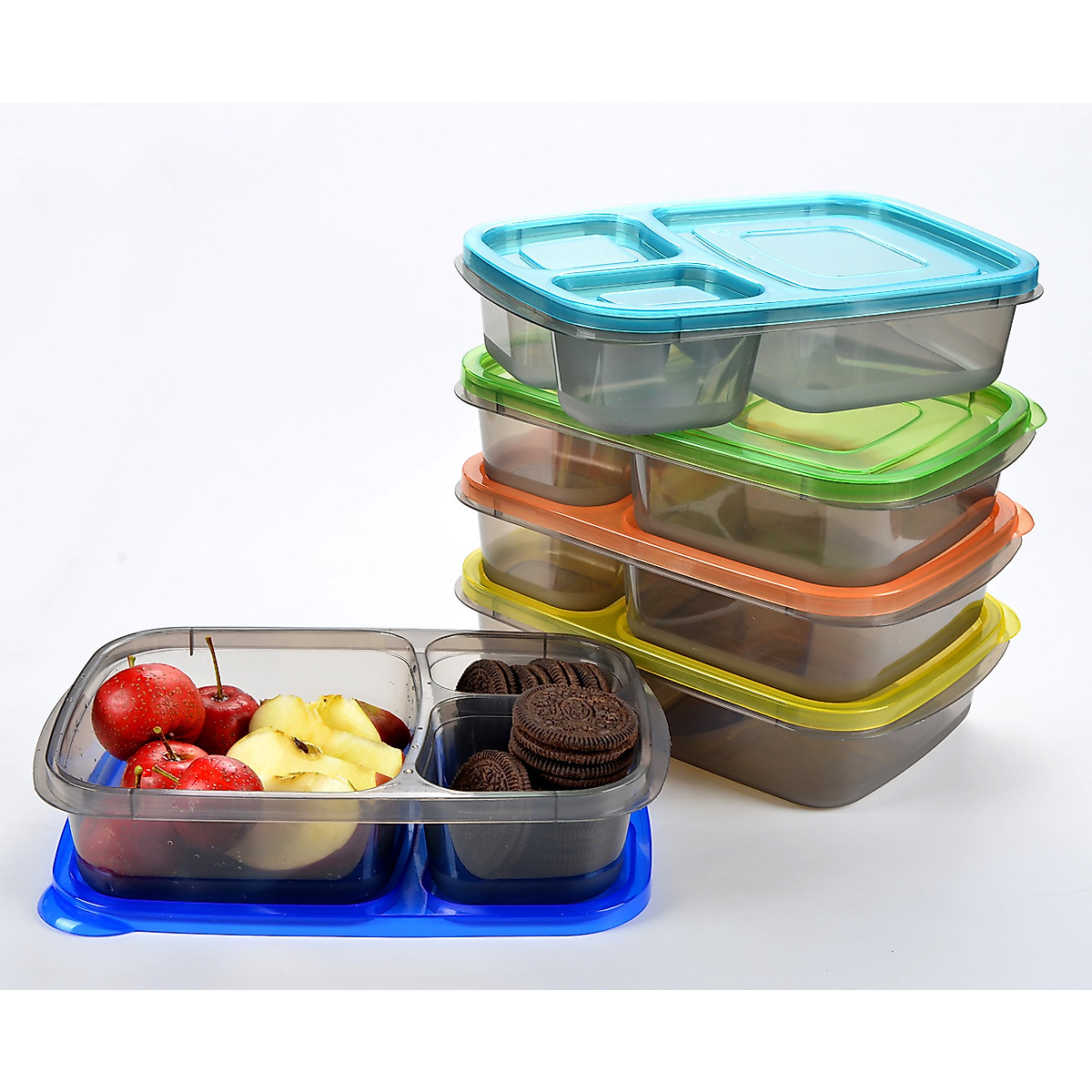 Youngever 7 Pack Bento Lunch Box, Meal Prep Containers, Reusable 3 Compartment Plastic Divided Food Storage Container Boxes