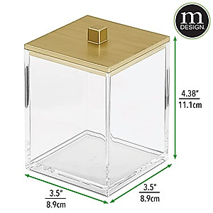 mDesign Modern Square Bathroom Vanity Countertop Storage Organizer Canister Jar for Cotton Swabs, Rounds, Balls, Makeup Sponges, Bath Salts - Clear/Soft Brass