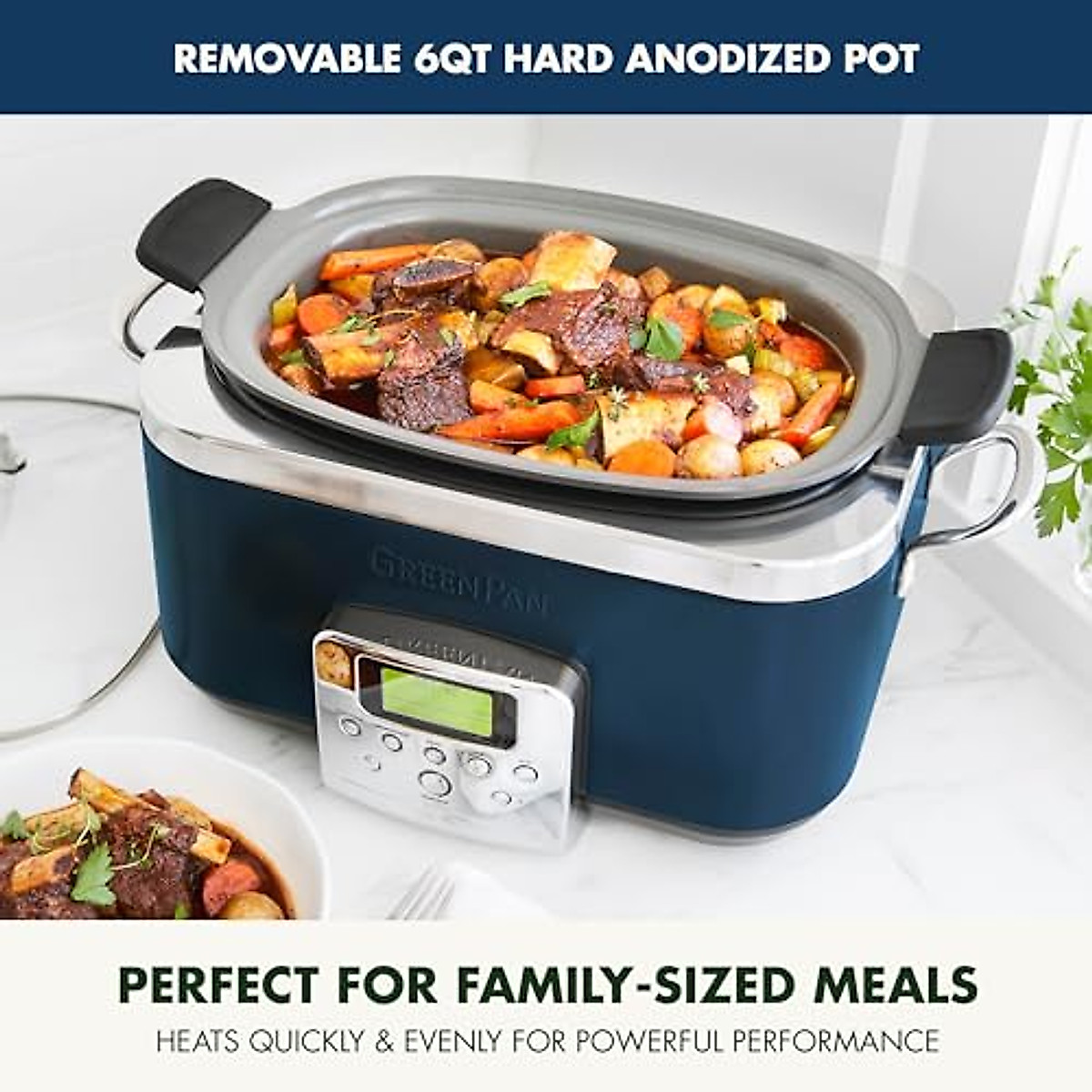 GreenPan Elite 8 - in -1 Programmable 6QT Electric Slow Cooker, Dishwasher Safe Lid & Removable Crock, PFAS-Free Healthy Ceramic Nonstick Multi-Cooker,Sear, Sauté/Brown,Steam Basket,Roast, Oxford Blue