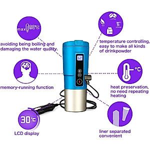 Smart Temperature Control Travel Coffee Mug BUKEYUQIU Electric Heated Travel Mug 12V Stainless Steel Tumbler Smart Heating Car Cup Keep Milk Warm LCD Display Easily Washing Safe for use (Blue)