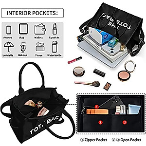 Gourafno The Tote Bags for Women, Canvas Crossbody Tote Bags with Zip Casual Canvas Shoulder Bags for Work School and Travel (Black, Medium)