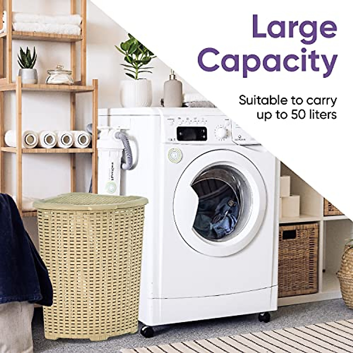 Plastic Corner Laundry Hamper with Lid, Curved Designed Laundry Basket, 2 Pack Triangle Beige Cloths Hamper Organizer with Cut-out Handles for Laundry Room Bedroom Bathroom, Wicker Design, 50 Liter