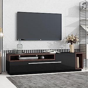 Merax Two-Tone Design Stand with Silver Handles, UV High-Gloss Media Console for Television Up to 70", Chic Style TV Storage Cabinet for Living Room, 66.8 inch Length, Black