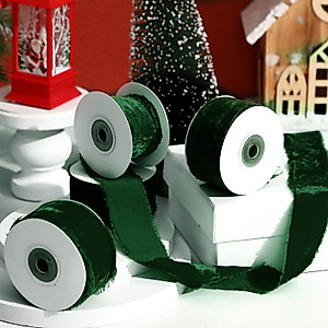Preboun 4 Rolls Velvet Ribbon for Gift Wrapping 24 Yards Total Frayed Edge Velvet Silk Ribbon for Valentine's Day Wedding Baby Shower DIY Crafts Decor(Dark Green,1.5 Inch)