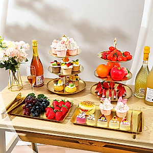 6PCS Gold Cupcake Stand Set, Stainless Steel Dessert Table Display Set, 2PCS 3-Tier Cake Stand, 2PCS Rectangle Serving Tray with Gold Serving Tongs, Candy Cupcake Tower for Wedding Birthday Party