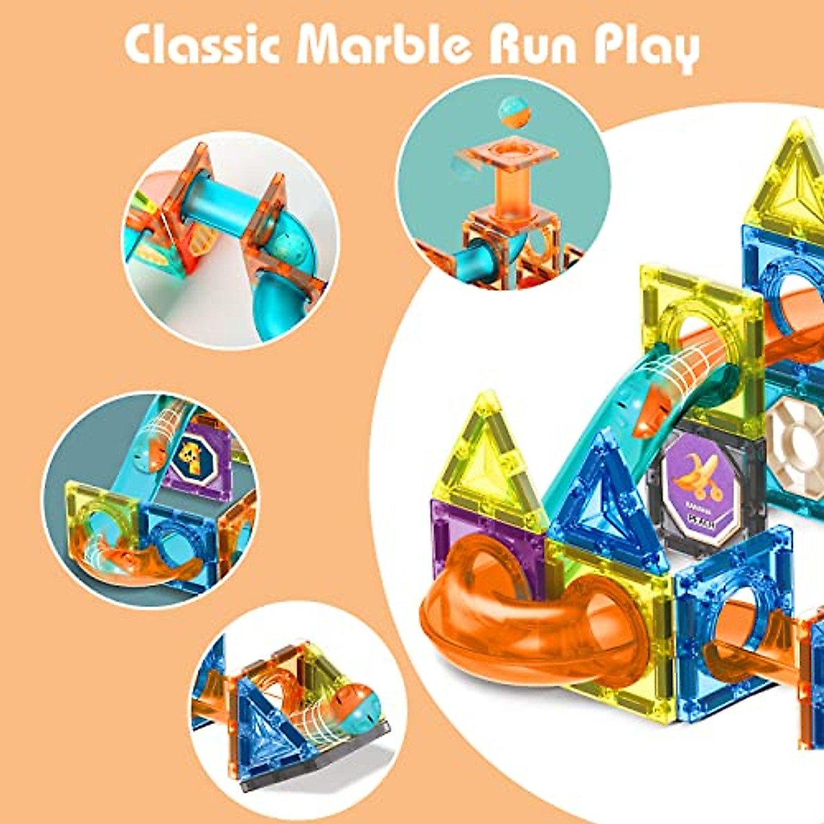 Marble Runs Magnetic Tiles - Toy Magnetic Building Sets 132pcs Magnet Building Blocks Tiles STEM Learning for Girls Boys Kids Toddlers Baby Children Ages 3+ Years Old Birthday Easter Day Gift