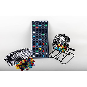 jiujiu&liuliu Deluxe Bingo Game Set - Metal Cage with Calling Board, 18 Bingo Cards,150 Colorful Bingo Chips,75 Colored Balls, Perfect for Family Events, Parties
