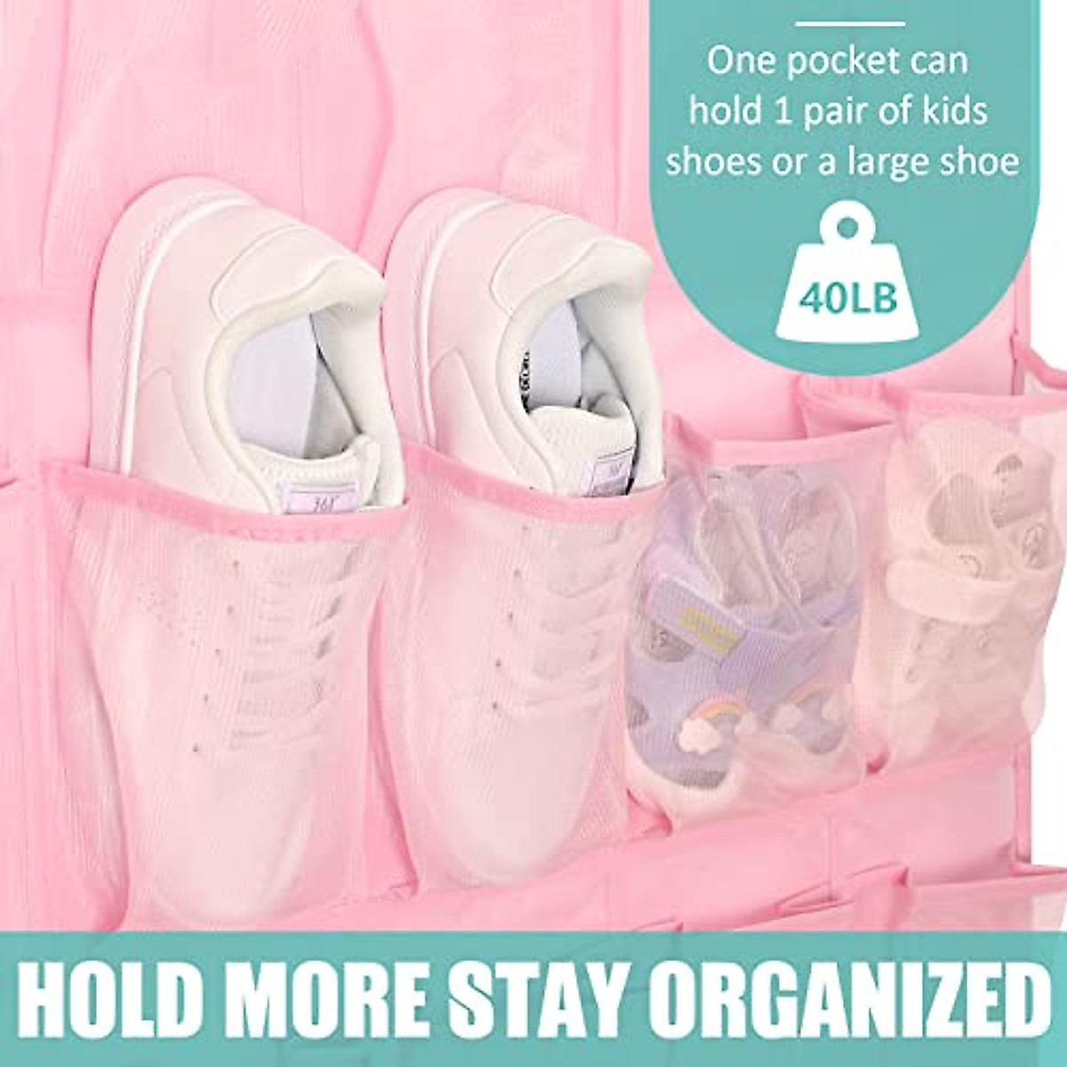 Over The Door Shoe Organizers Pink with 35 Durable Mesh Pockets Baby Organizer Storage Hanging Shoe Organizer Shoe Holder Rack For Toddler Girl Room Baby Room Craft Room Bedroom Pantry Bathroom Closet