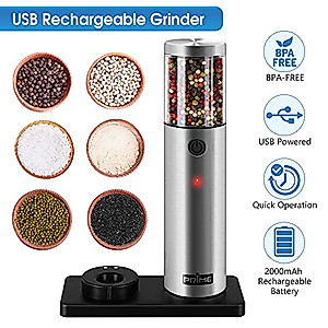 PRIME, Electric Salt and Pepper Grinder Set, 2 Mills, Rechargeable, With Charging Base, USB Cable, Power Adapter, Automatic Tact Switch Operation, Adjustable Coarseness, Stainless Steel (Ver. 2.2)