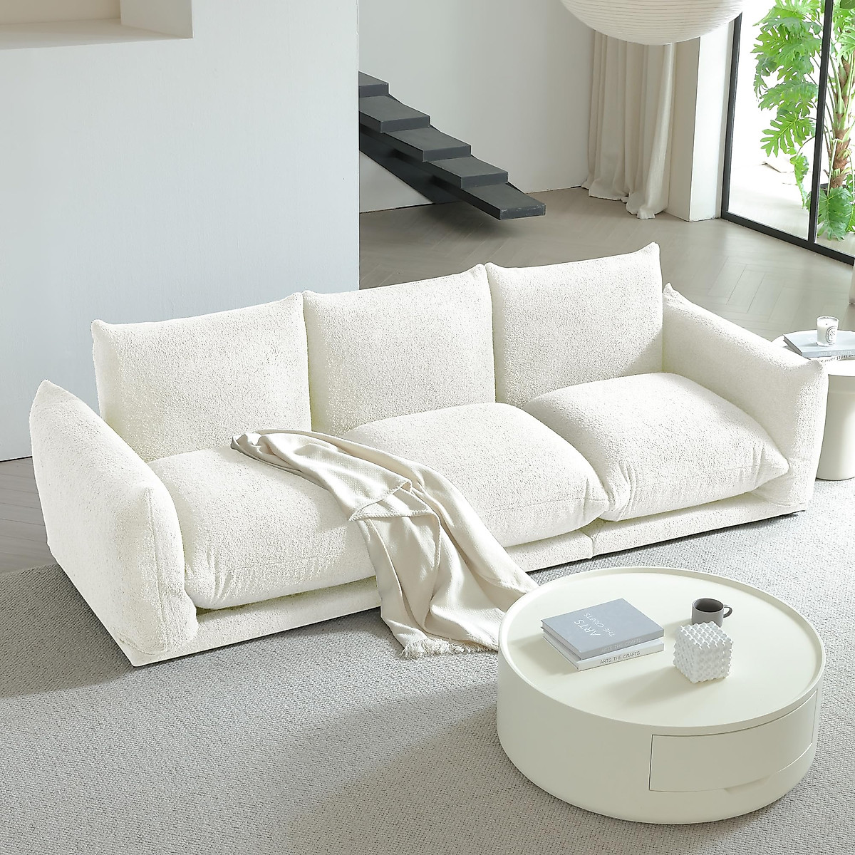 Luoxiao Modular Sectional Sofa 3 Seater Sectional Couch Luxury Modern Cloud Couch Oversized Convertible Sofa Fluffy Boucle Floor Sofa for Living Room, Apartment, White 3 Seater Seat