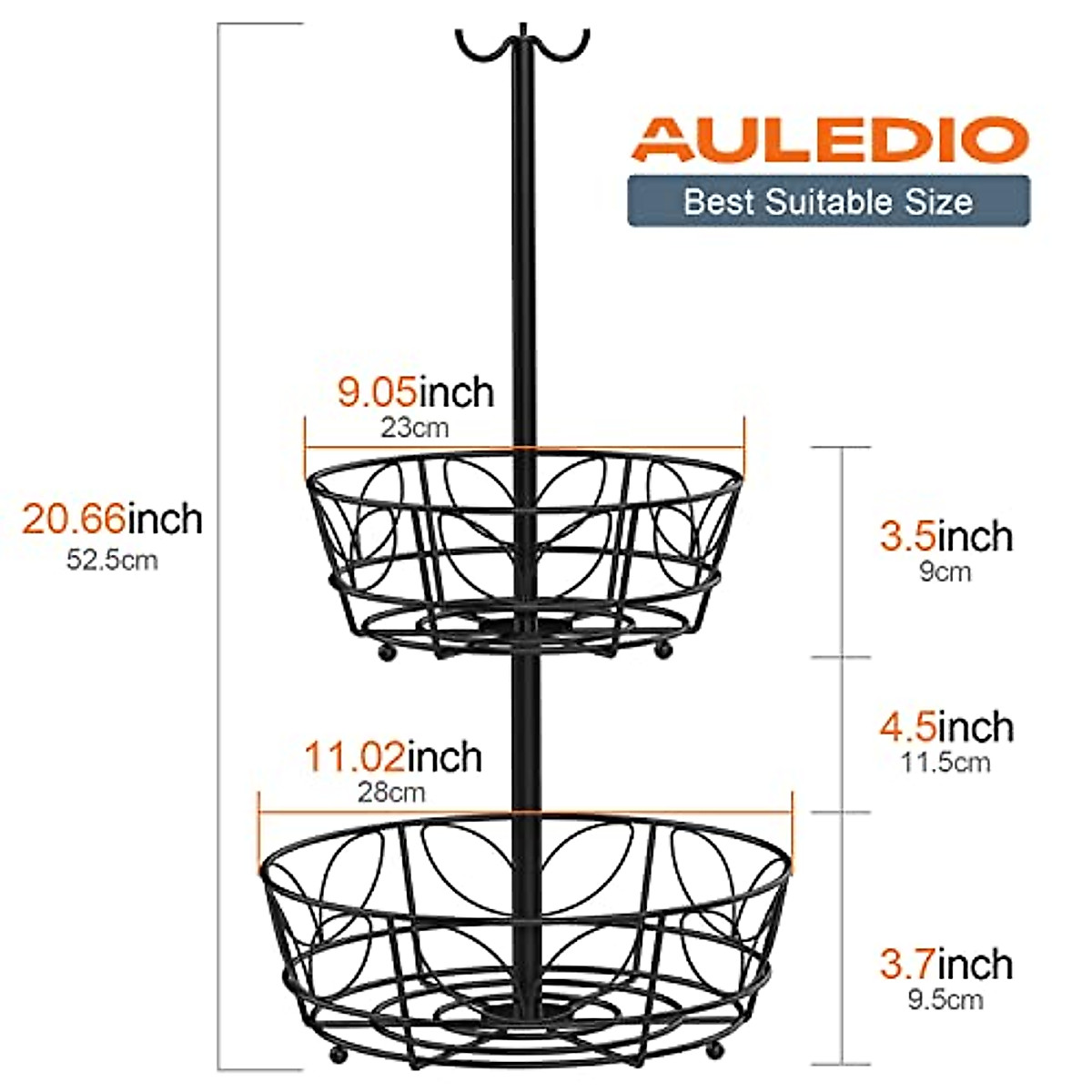Auledio 2-Tier Countertop Fruit Vegetables Basket Bowl Storage With Triple Banana Hanger, Black