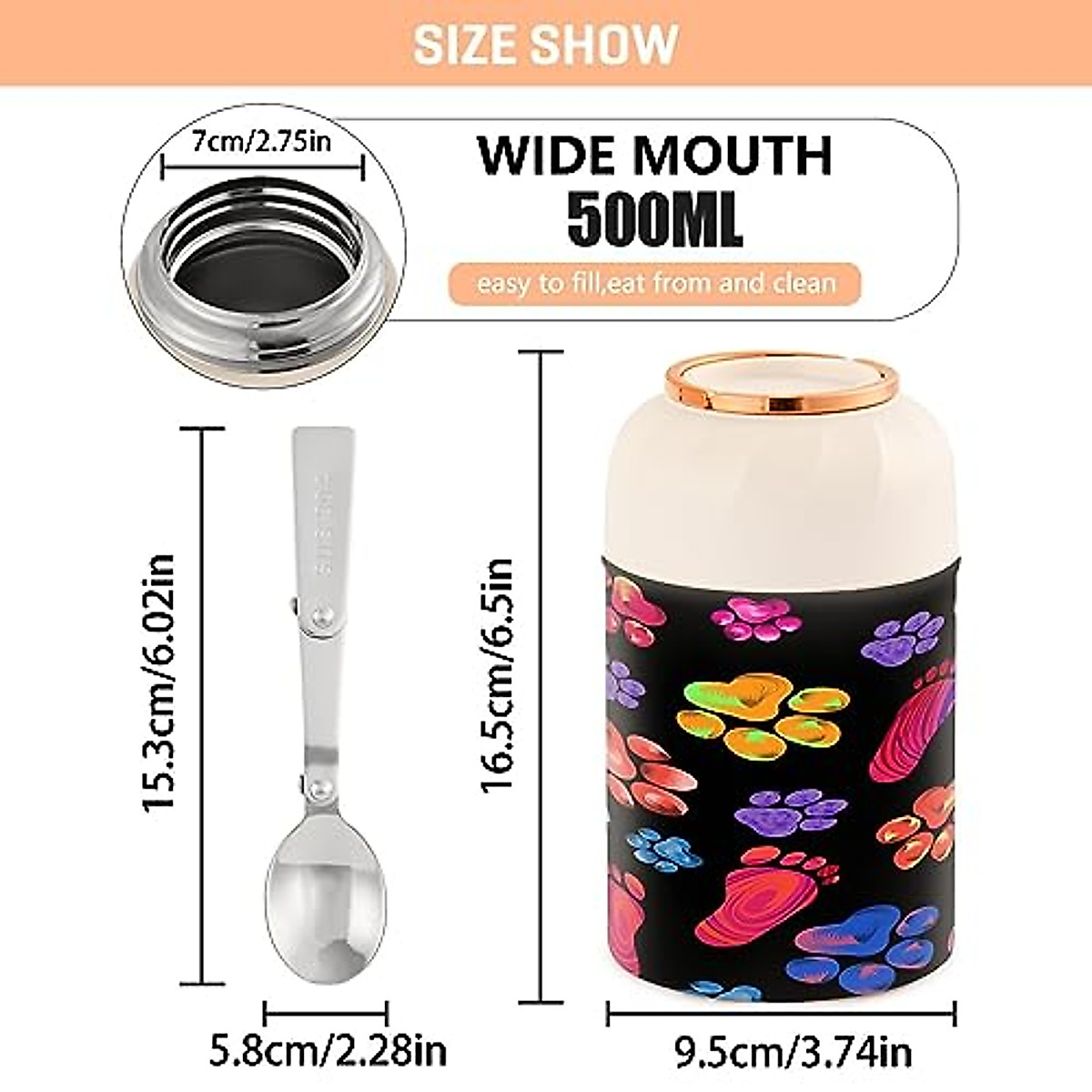 CUPADA Colorful Animal Human Paw Food Jar for Hot and Cold, Insulated Food Jars Vacuum 17OZ with Folding Spoon for Work Trip Picnic Camping