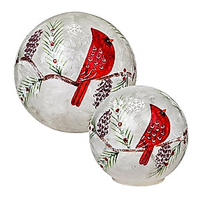 Cypress Home Beautiful Pine Cones and Cardinal Hand Painted Glass LED Globe Table Décor, Set of 2-7 x 7 x 7 Inches Indoor/Outdoor Decoration for Homes, Yards and Gardens