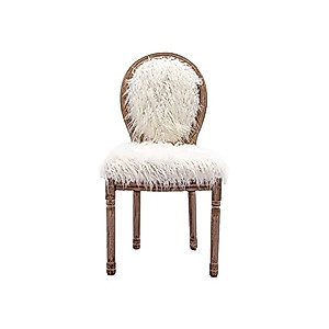 AWQM Faux Fur Dining Chairs Set of 2,Vintage Elegant French Chair with Round Back Distressed Wood,Mid Century Furry Vanity Chair,for Kitchen Dining Room Living Makeup Room, White