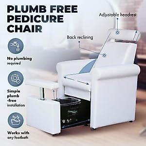 Buy-Rite Salon & Spa Equipment Mona Lisa Plumb Free Pedicure Chair, No Plumbing Pedicure Station for Professional Spas and Salons, Reclining Backrest & Pull Out Leg Rest (White)