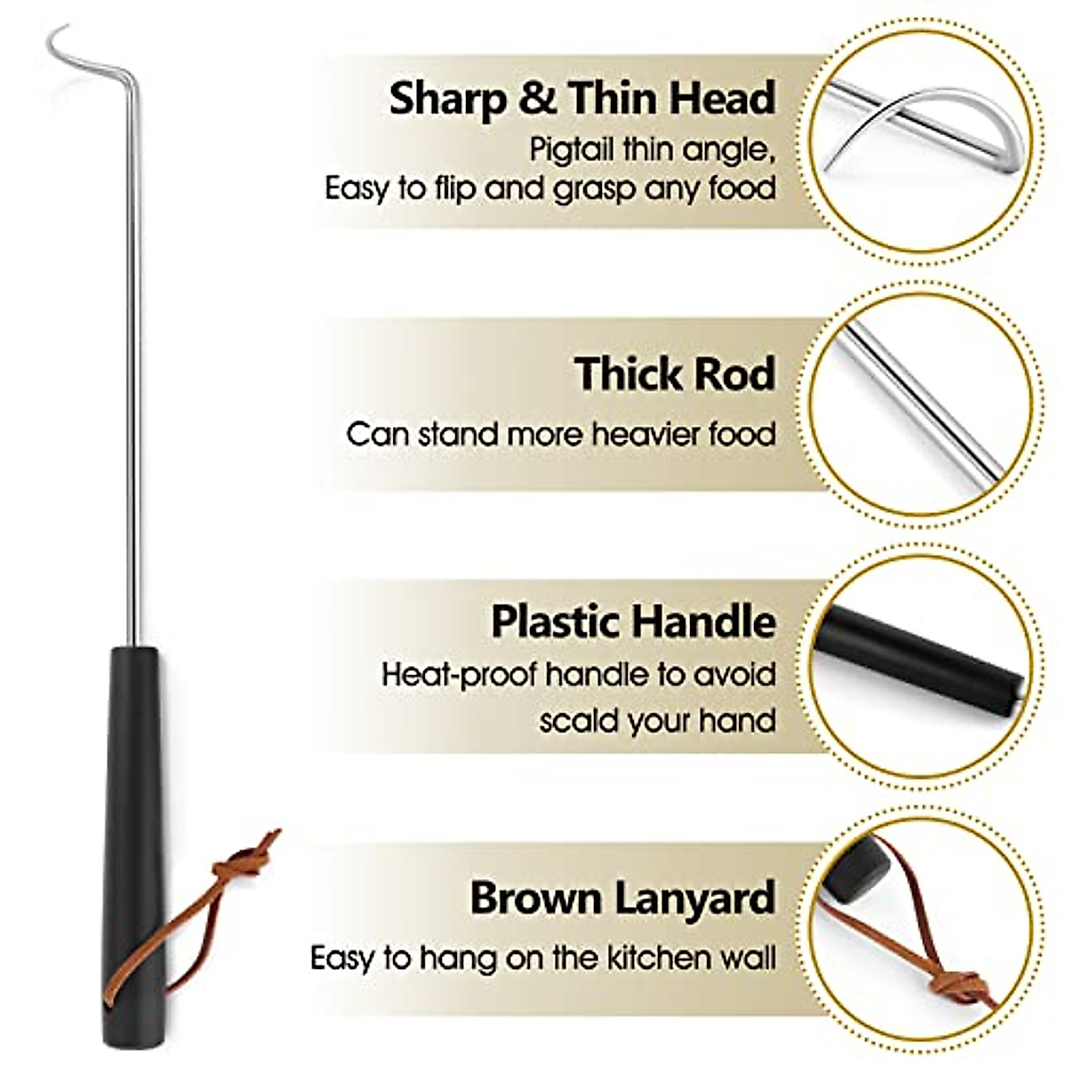 Joyfair Food Flipper Hook Set of 2 (17 In + 12 In), Pigtail Meat Turner Hooks for Barbecue Grilling Flipping Turning Steaks & Vegetables, Stainless Steel BBQ Grill Accessories for Right-Handed