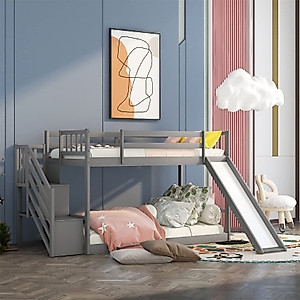 Low Bunk Bed with Slide and Stairs Twin Over Twin Bunk Beds Wood Frame for Kids Toddlers Boys Girls, Gray