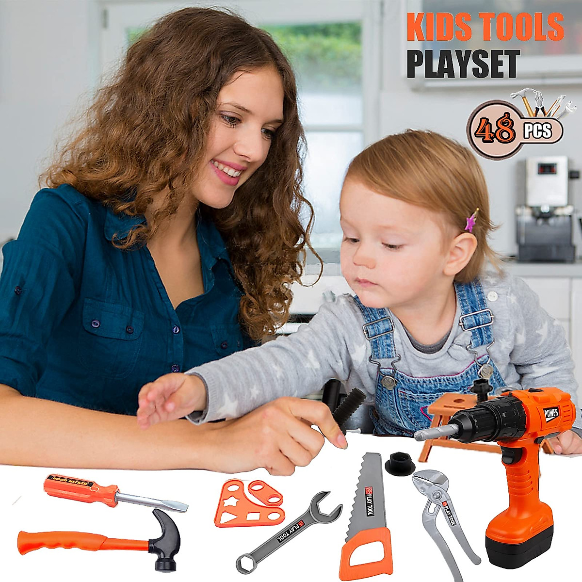 Mscredse Kids Tool Set kit Pretend Play Set Toddler Tool Toys with Construction 48Pcs Electric Drill Gifts for Boys Girls Kids Toddlers Ages 3 4 5 6 7 8 Years up (Orange)
