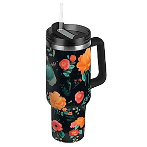 Bokkoy Llama with Floral Decor Pattern 40 oz/30 oz Tumbler with Handle and Straw Stainless Steel Tumbler with Lid Reusable Vacuum Insulated Cup