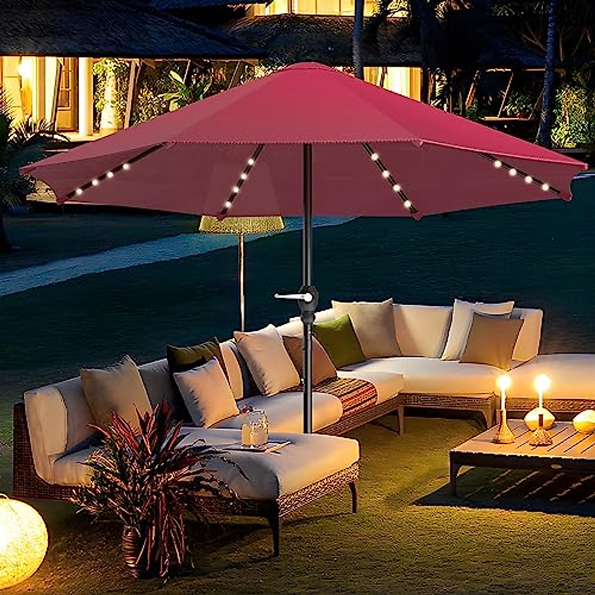 Magshion 9FT Solar Patio Umbrella with 32 LED Lights, Outdoor Market Umbrella with 8 Steel Ribs & Crank Lift, Windproof Sunshade for Garden, Deck, Backyard & Pool (Burgundy)