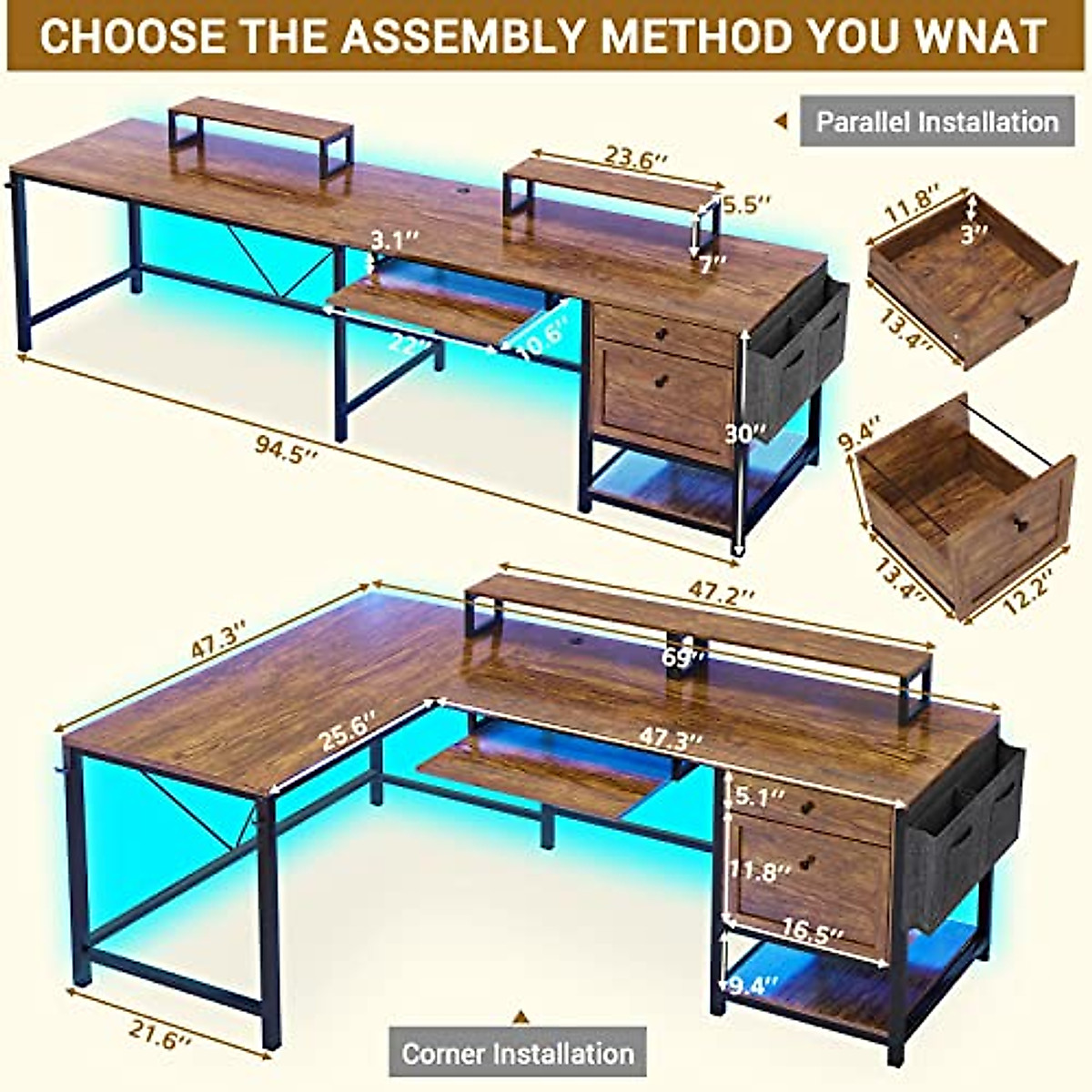 SEDETA 69" L Shaped Gaming Desk, Convertible L Office Desk to Long Computer Desk, Gaming Desk with LED Lights, Corner Desk with File Drawers & Keyboard Tray for Home Office, Rustic Brown