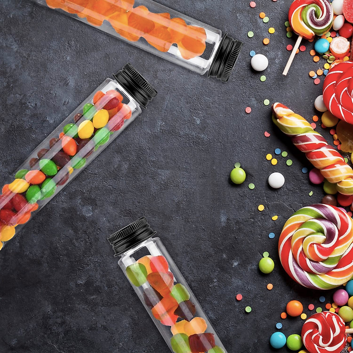 Clear Test Tube,36 Pack Clear Plastic Test Tubes Candy Tube Transparent Test Tubes with Cap,Flat Bottomed Plastic Tubes Bath Salt Container,3.7 OZ (Black Cap)