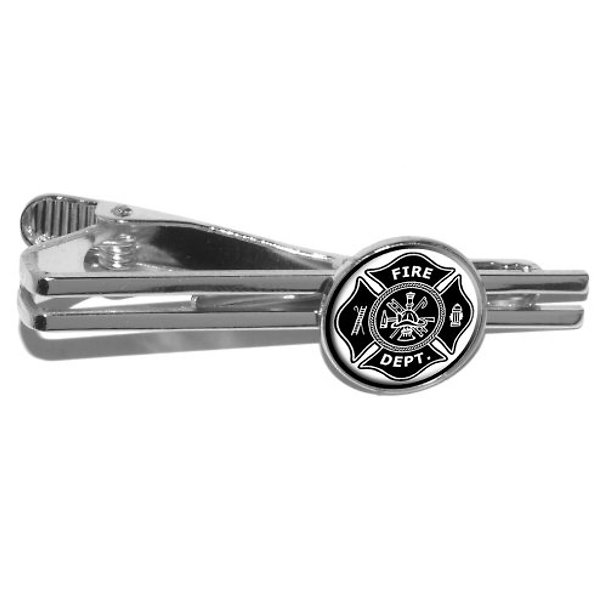 Firefighter Firemen Maltese Cross - Black Round Tie Bar Clip Clasp Tack - Silver