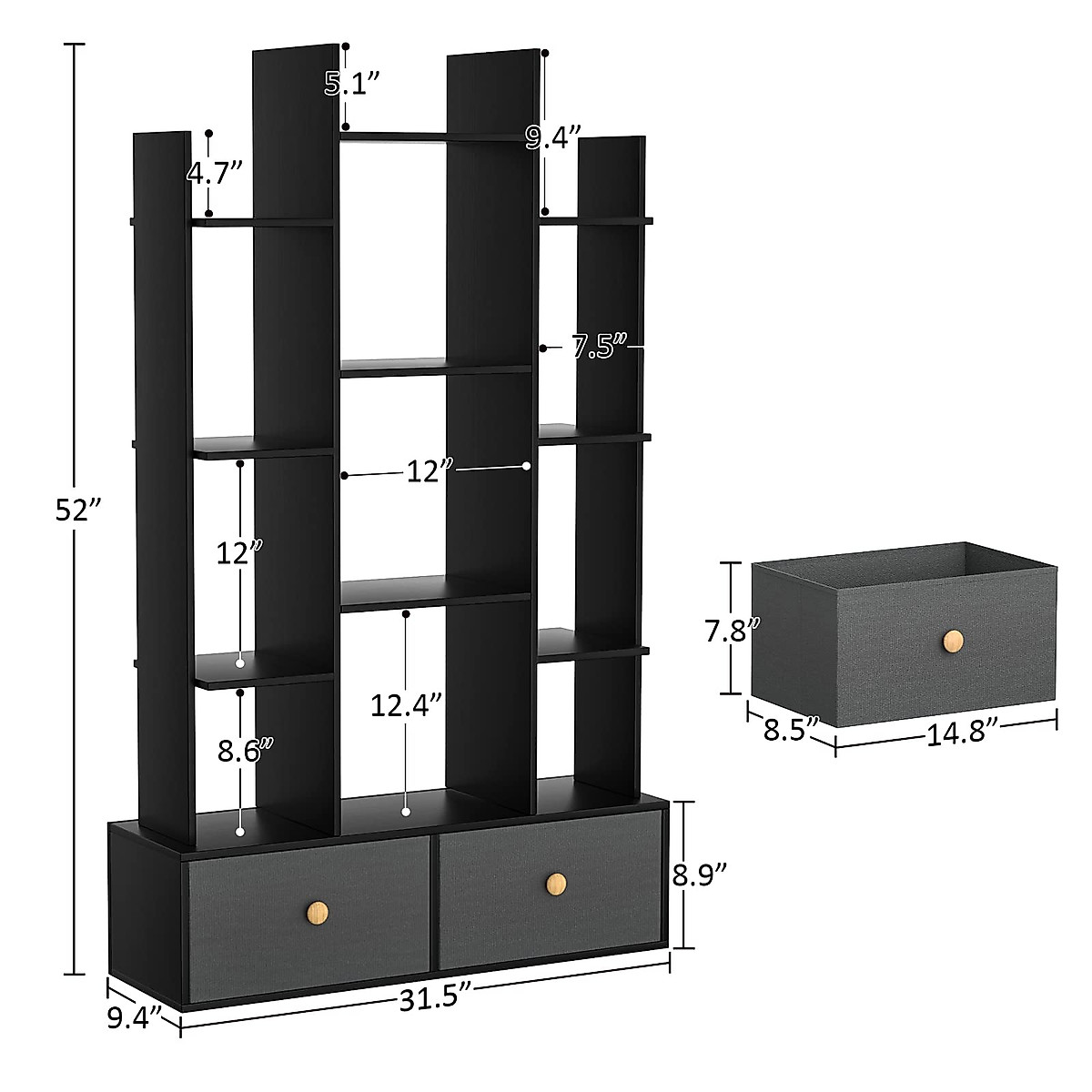 Unikito Book Shelf with 2 Drawers Free Standing Bookcase, Office Storage Shelf Organizer with 12 Open Bookshelf, Industrial Wood Book Case Display Rack for Bedroom, Living Room Home Office, Black