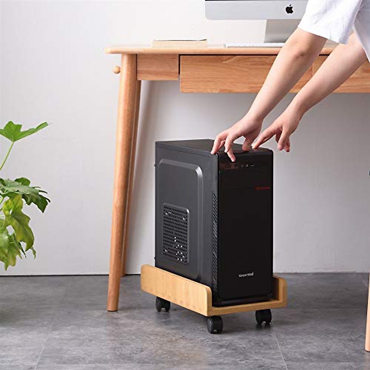 Kirigen Computer Tower Stand Cart - Heavy Duty Desktop Mobile Cart Holder for Computer Host with 4 Mute Caster Wheels - Wood Rolling ATX PC Case Rack, CPU Case Protecting Shelf (ZJJ Dark Brown)