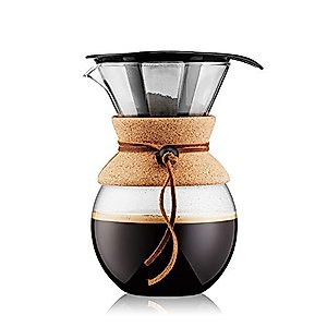 Bodum 11571-109 Pour Over Coffee Maker with Permanent Filter, Glass, 34 Ounce, 1 Liter, Cork Band