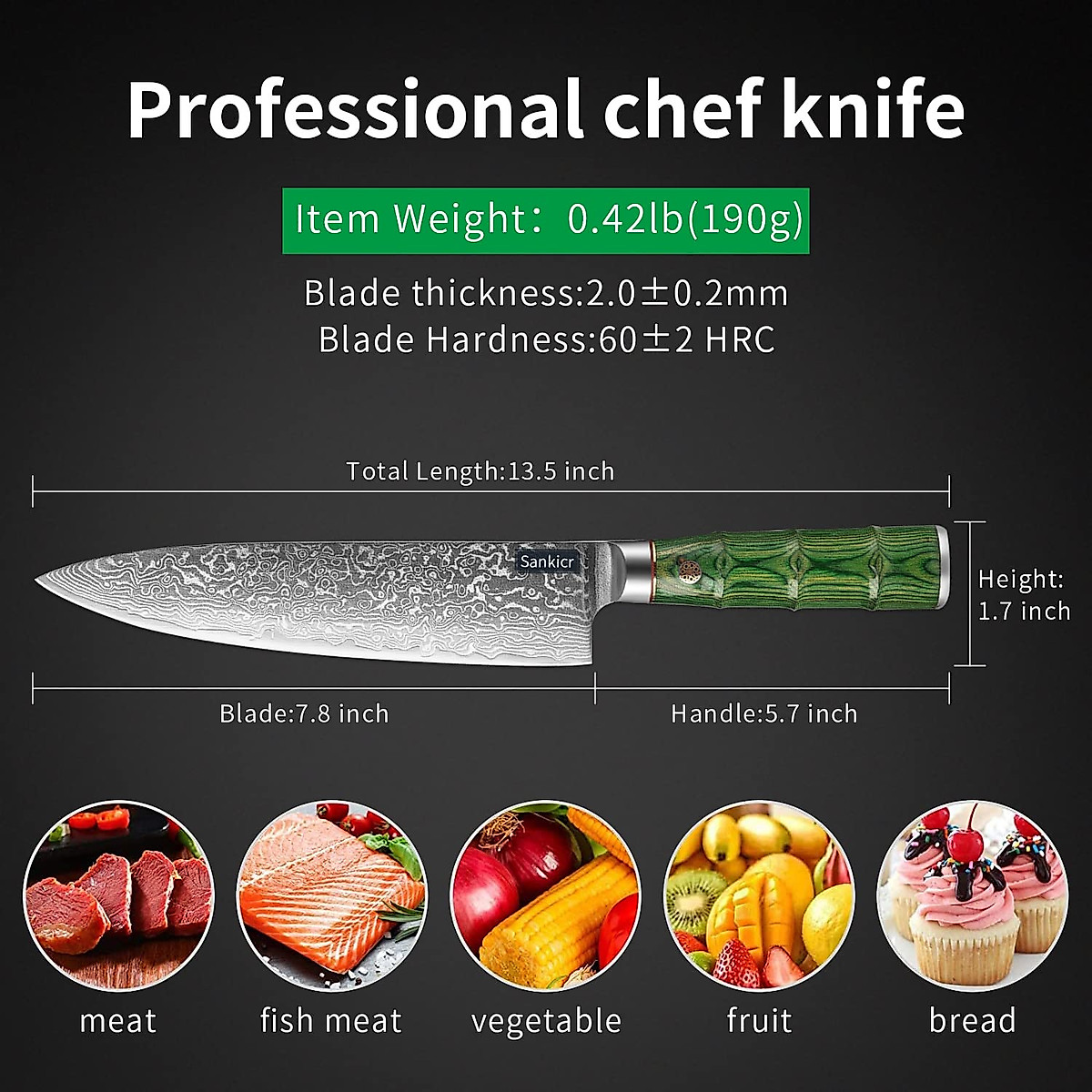 Damascus Chef Knife 8 inch- Razor Sharp Kitchen Knife Made of Damascus VG-10 Steel Special Chef's Knife for the Kitchen, Green Ebony Handle Ergonomic (8.03)…