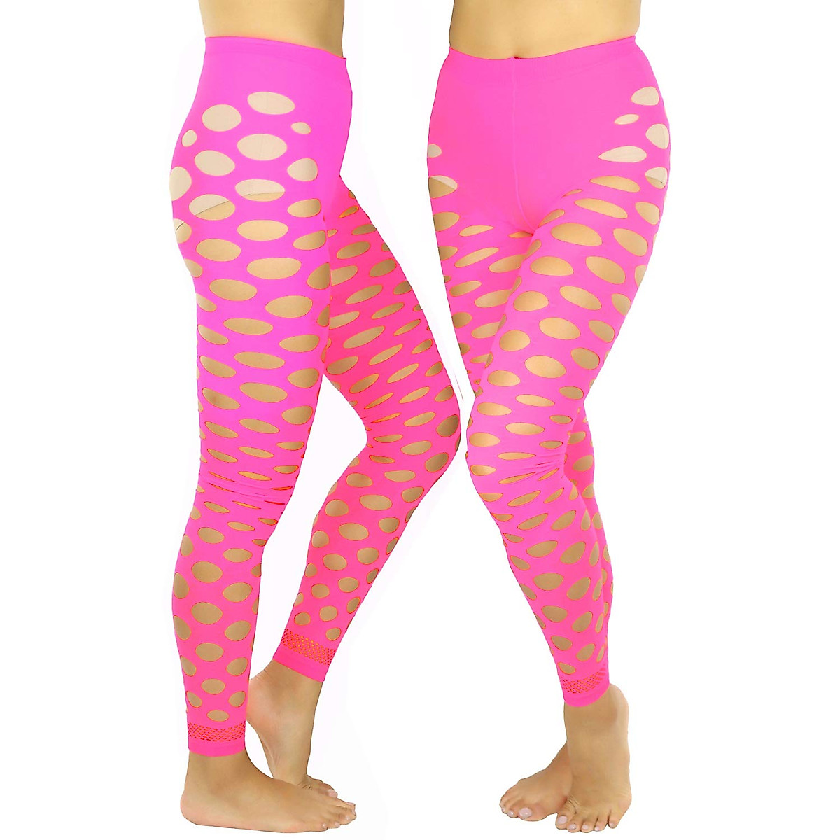 ToBeInStyle Women's Fishnet Slashed Leggings w/Footless Design - One Size - Hot Neon Pink
