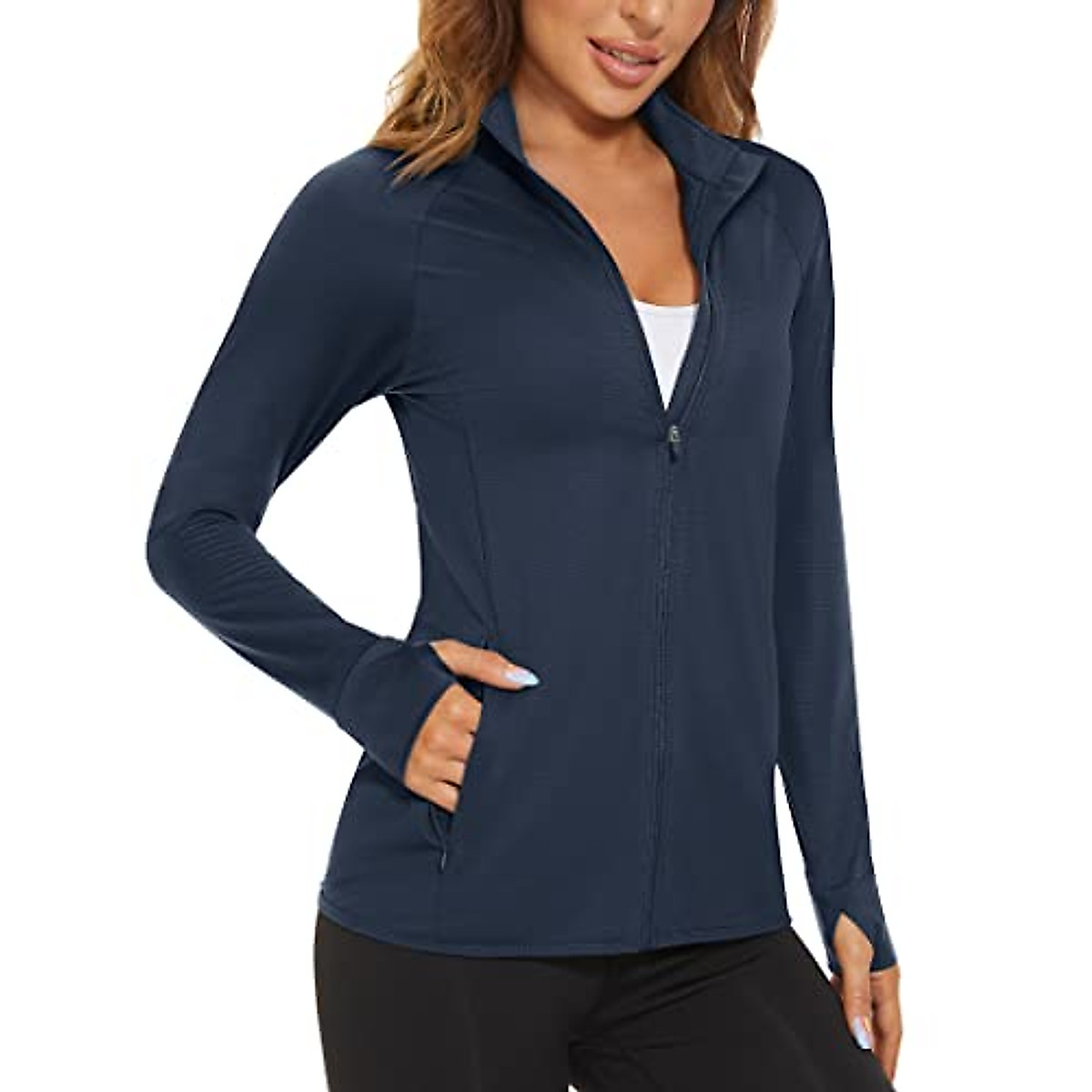 MAGCOMSEN Women's Lightweight Athletic Jacket Zipper Running Shirts Quick Dry Long Sleeve Sun Protection Shirts Navy 2XL