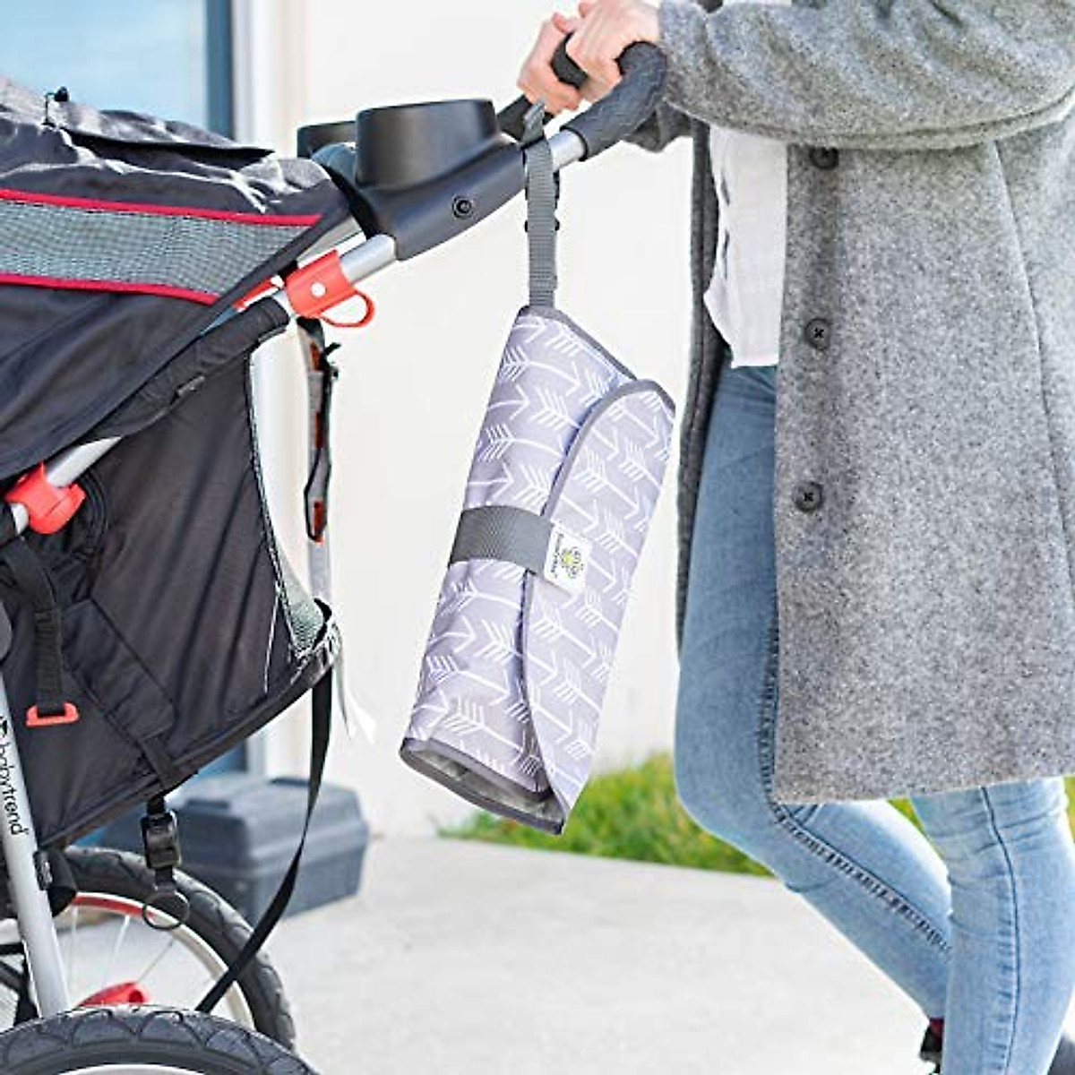 SnoofyBee - Portable Baby Changing Station: Compact, Clean-Hands Design with Dual Storage Pockets - Waterproof & Stylish (Grey Arrow)