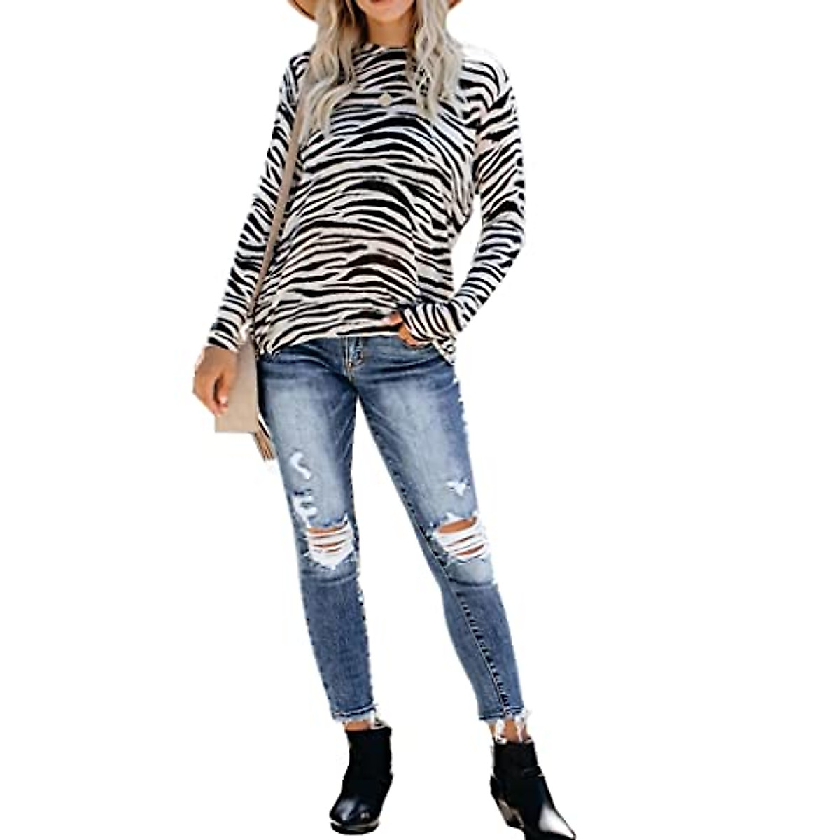 Anna-Kaci Women's Zebra Print Long Sleeve Pullover Tunic Top Fall Crewneck Sweatshirts, Zebra Print, Large