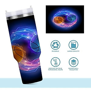Caikeny Insulated Tumblers with Lid and Straw Basketball Ball 30 oz Reusable Stainless Steel Cup Flames Lights Water Bottle Coffee Travel Tumbler Mug for Women Men