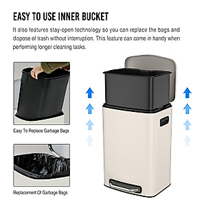 Pouseayar 13 Gallon Stainless Steel Foot Pedal Trash Can with Soft Close Lid, White, 13"L x 17"W x 23.46"H