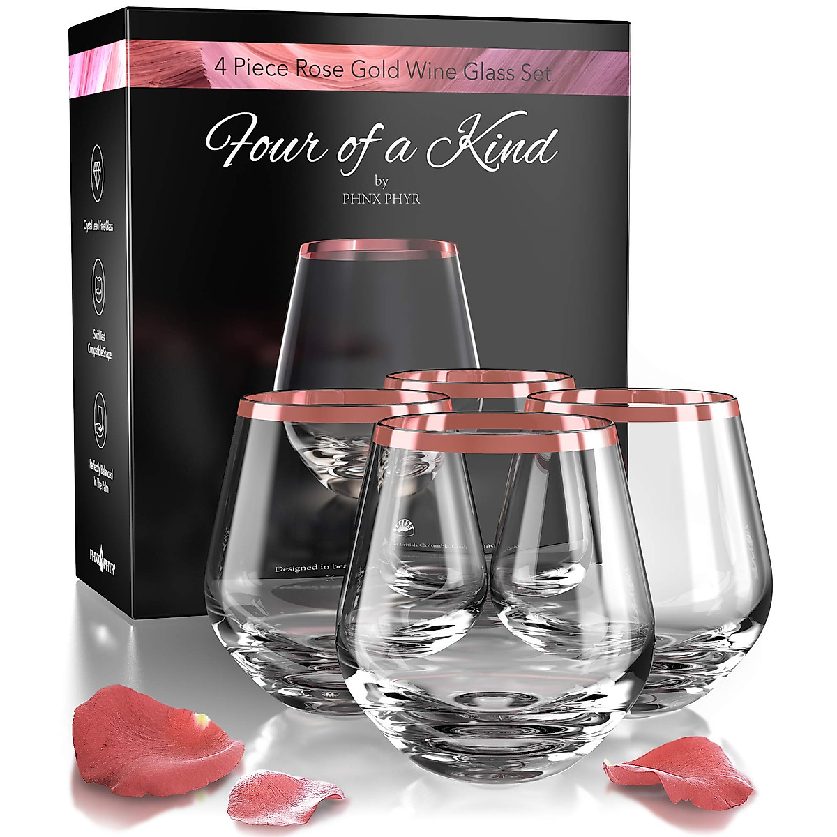 Phnx Phyr Hand Blown Crystal Rose Gold Wine Glasses set 4 - Stemless wine glass set - Stemless wine glasses - Red wine glasses set of 4 - Large white wine glass - Wedding - Gift packaging